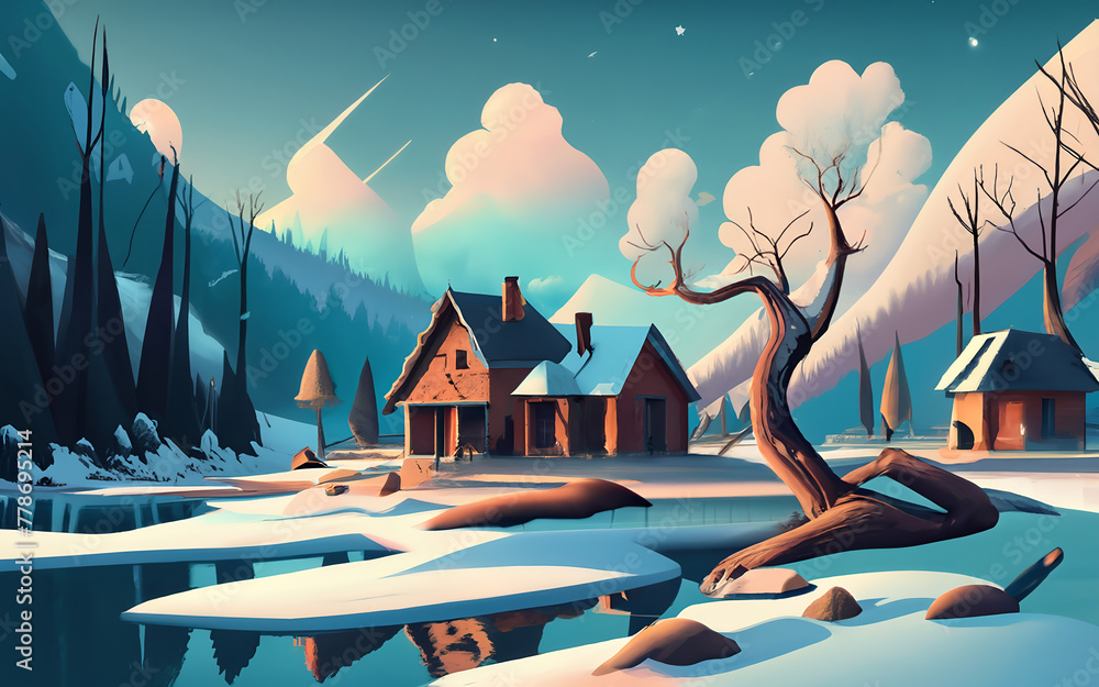 Nature landscape in a cold country with wooden house or cottage ...