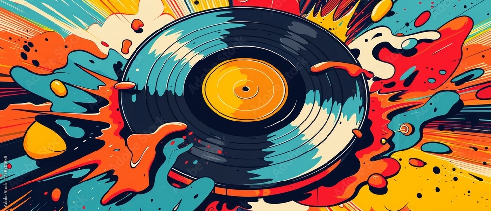 A cartoon vinyl record brought to life in vintage pop art style, with ...