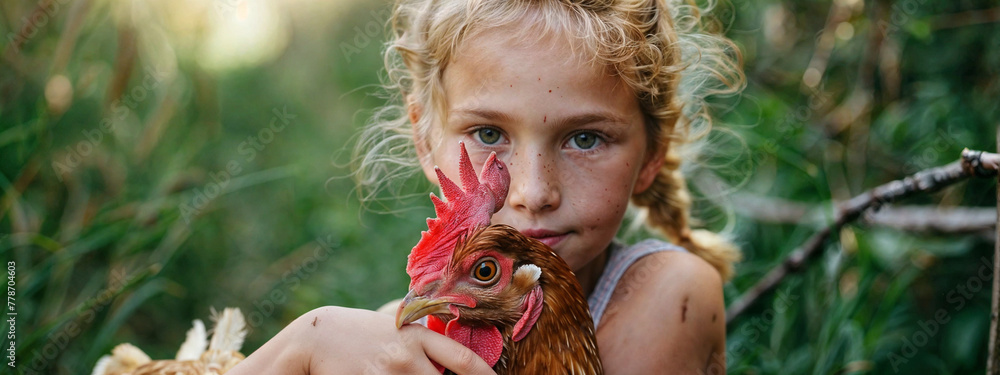 Blond Girl Holding Hen on Farm, Embrace, Sustainable Living, Animal ...