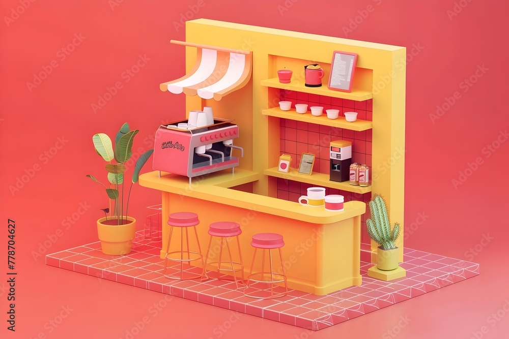 Vibrant and Stylized Isometric D Model of an Empty Coffee Shop Interior ...