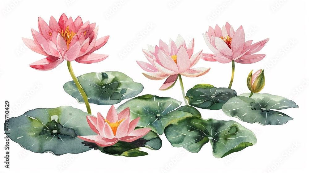 Watercolor lotus clipart with serene pink blooms and green lily pads ...