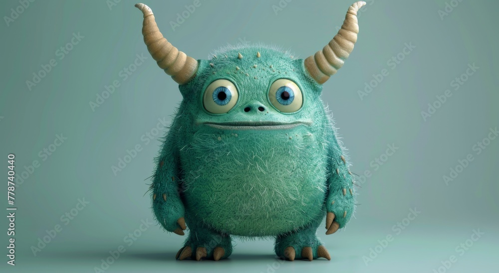 A cute cartoon baby green monster with horns and a big smile. The ...
