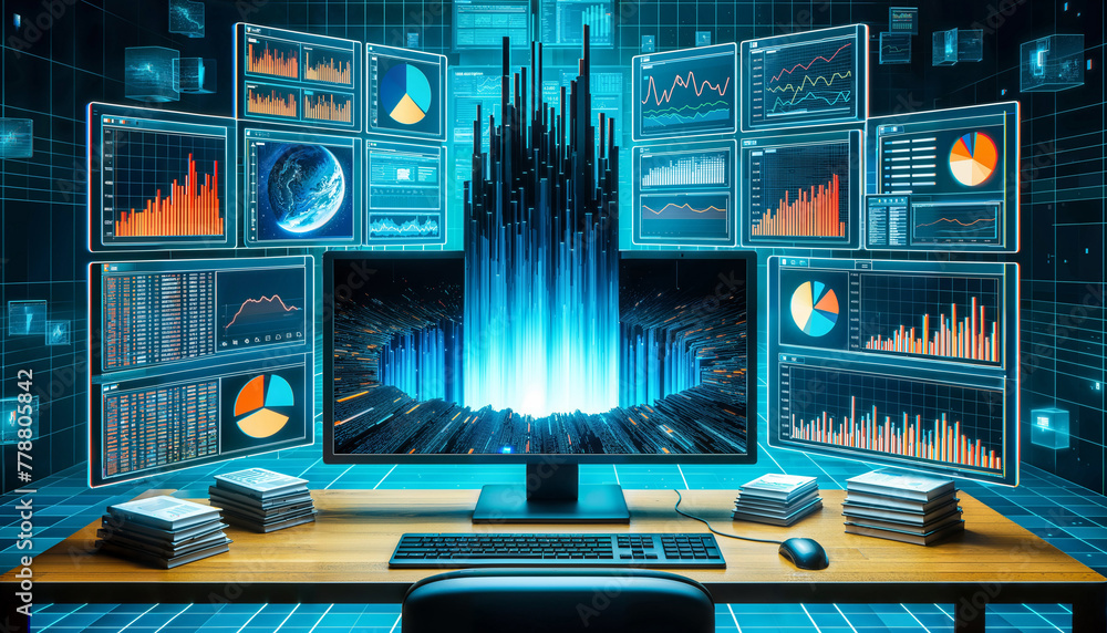 Illustration Stock Computer workstation where multiple screens display complex data ...