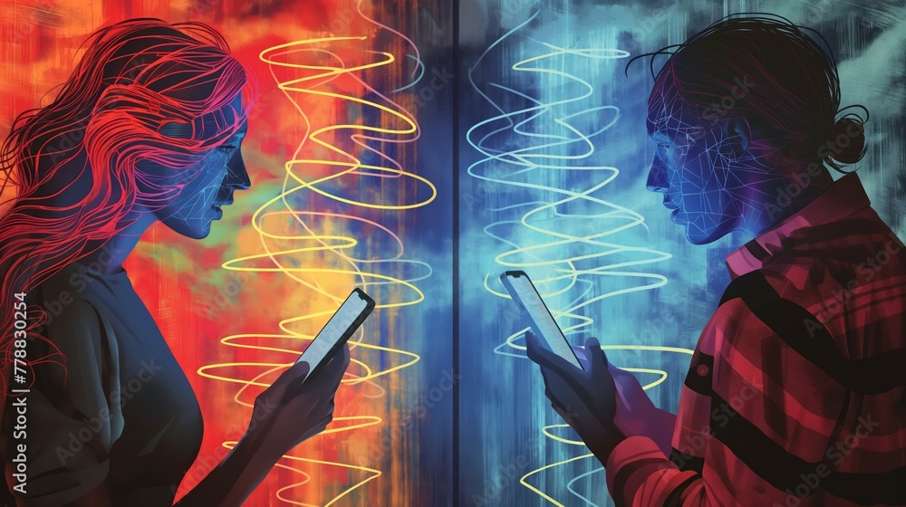 Digital art of two people connected by technology symbolizes the impact ...