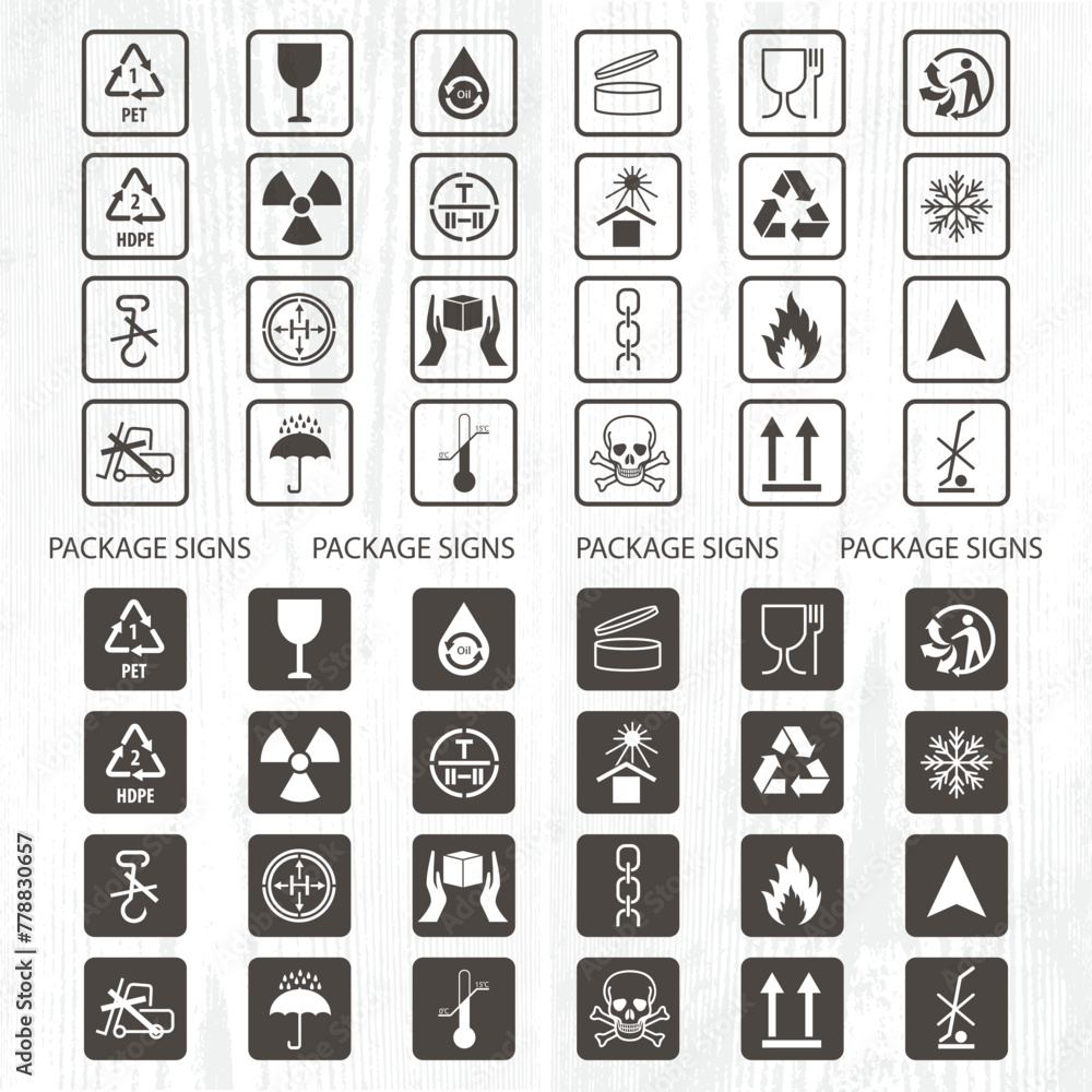 Stock-Vektorgrafik „Vector packaging symbols on wood background. Shipping icon set including ...