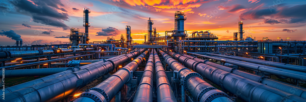 Industrial refinery at sunrise with smokestacks and pipelines ...