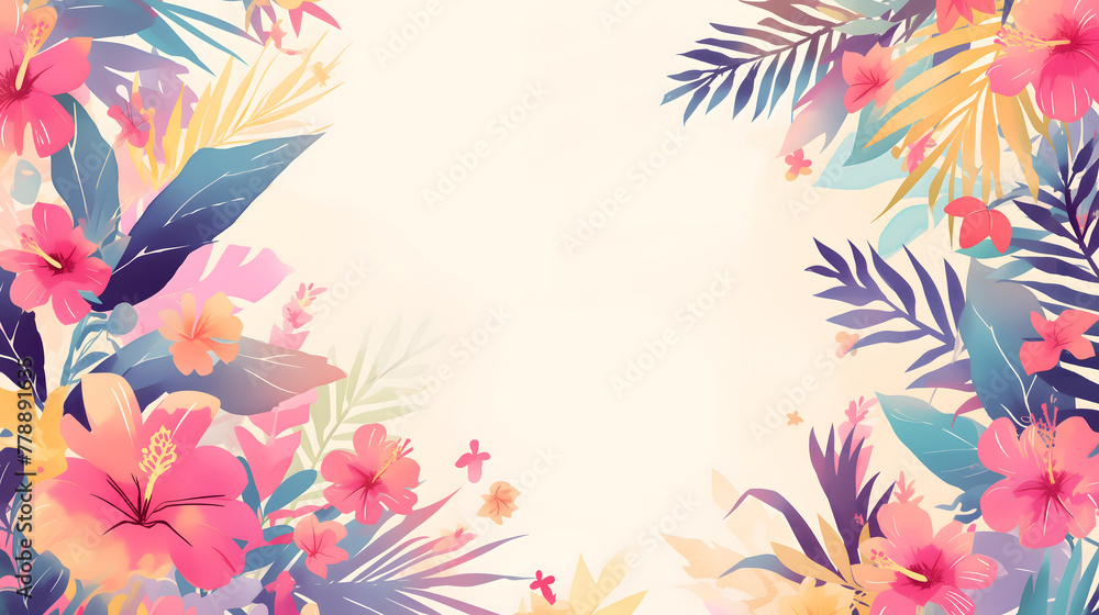 Summer background frame with illustration of tropical flowers and ...