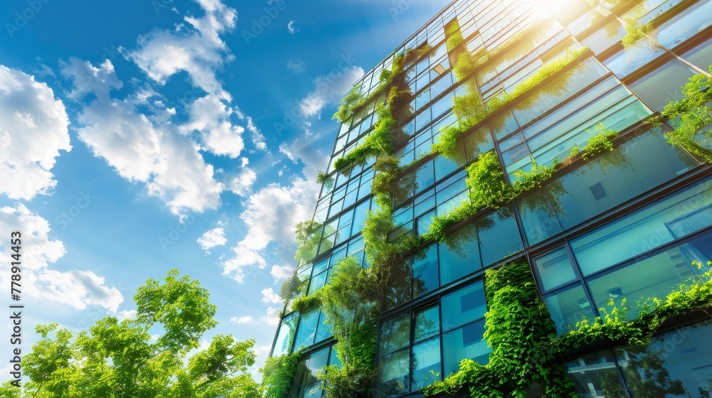 Eco-friendly building in the modern city. Sustainable glass office ... Eco-friendly building in the modern city. Sustainable glass office ...