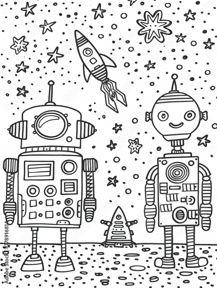 Coloring page of robot repairing rocket in space, kid-friendly, black ...