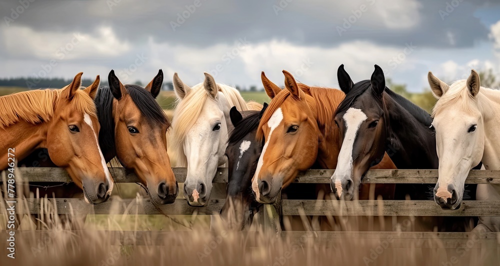 lineup of horses - horses putting their heads together - equestrian ...