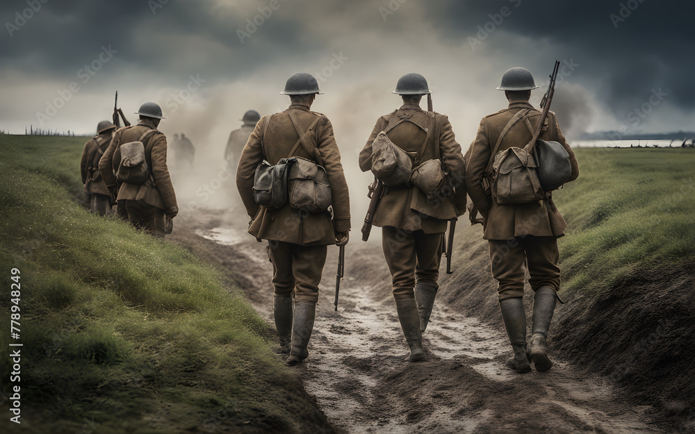 Rear view of 1917 French soldiers crossing the no man's land between ...