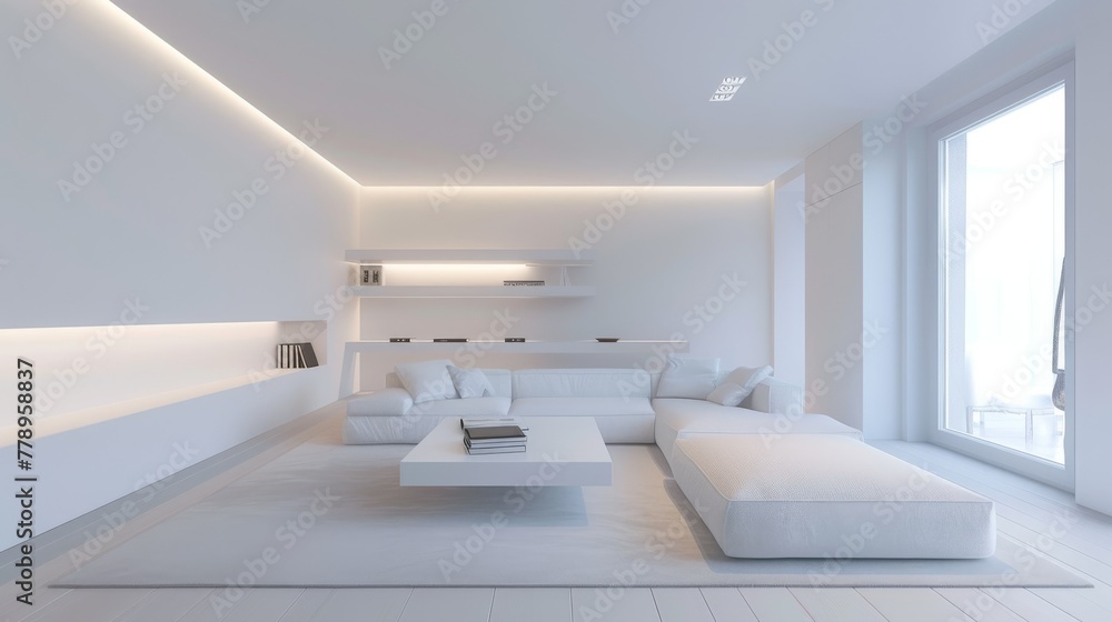 Minimalist interior design of a living room with white furniture ...