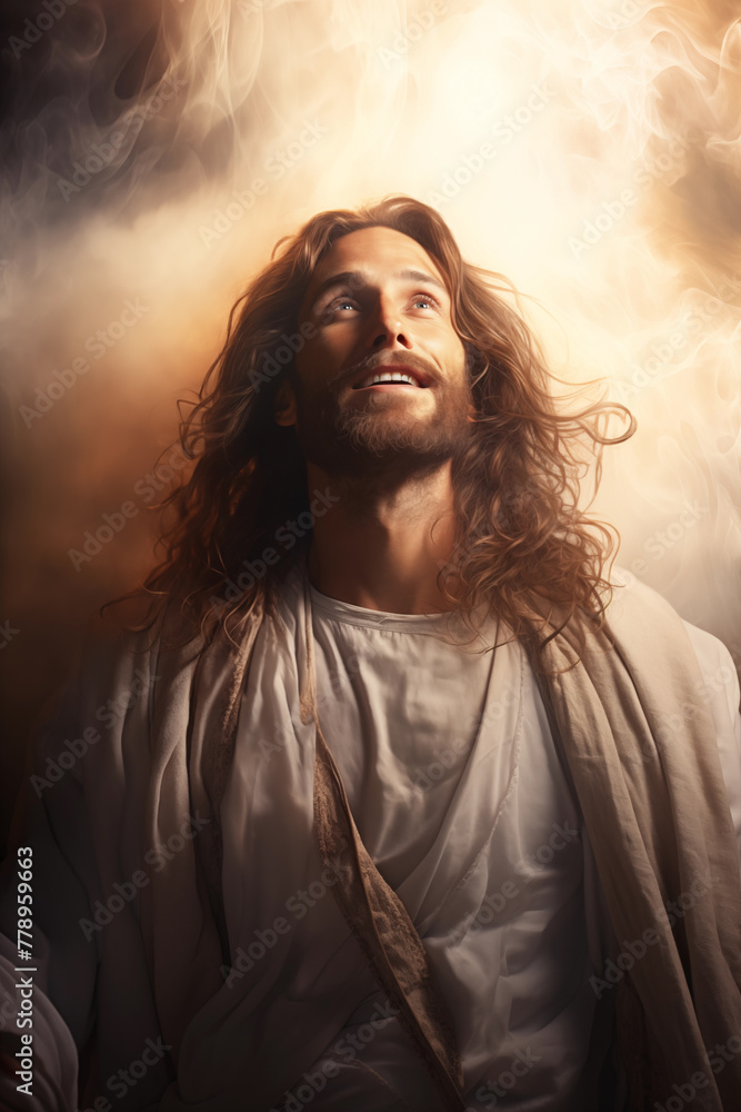 Portrait of Jesus Christ in a epic cinematic fantasy glowing background ...