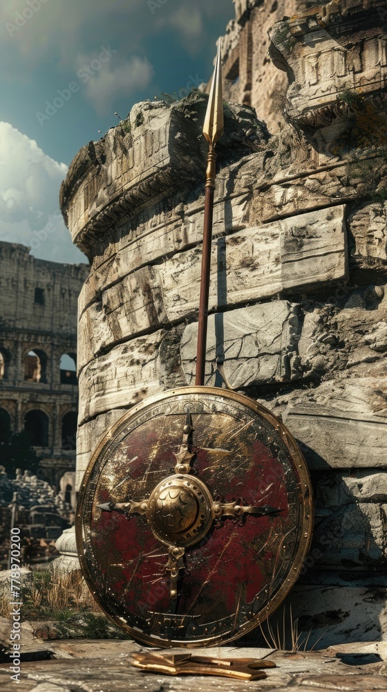 Hyper-realistic view of a gladiator's shield and spear, resting against ...