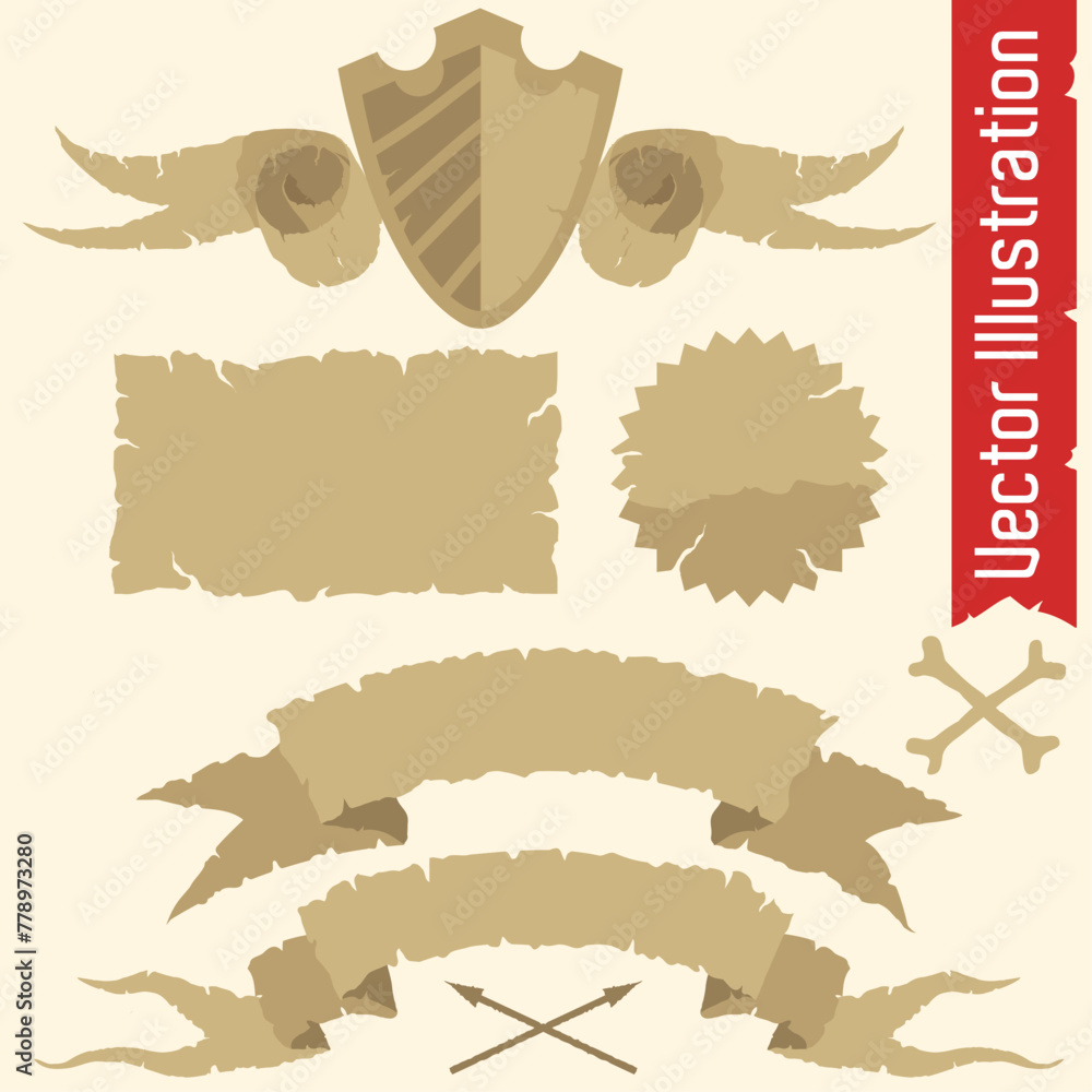 Medieval Banners and Shields Vector Set Illustration. Old vector paper ...