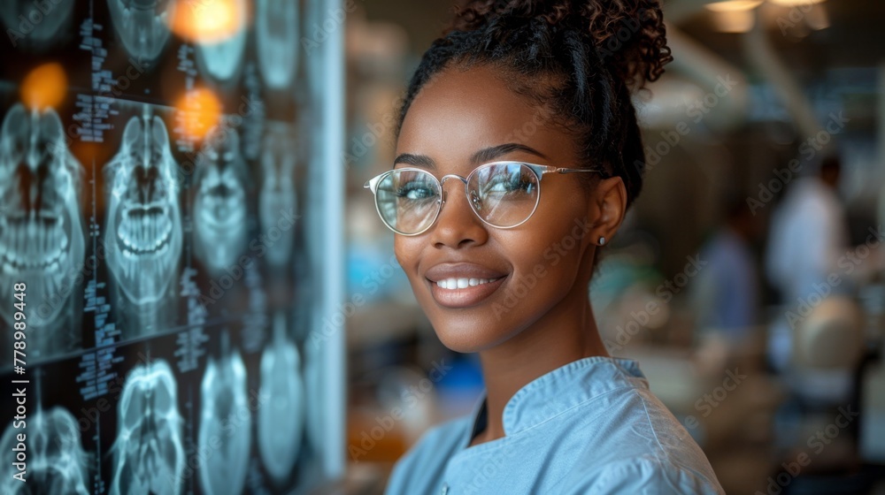 With a keen eye, the dentist reviews the dental x-ray, identifying ...