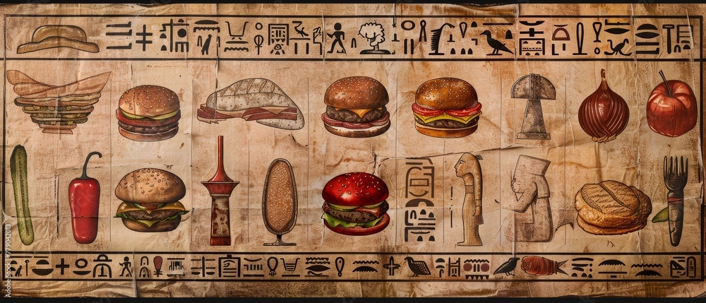 Ancient Egyptian hieroglyphs depicting the art of burger making Stock ...