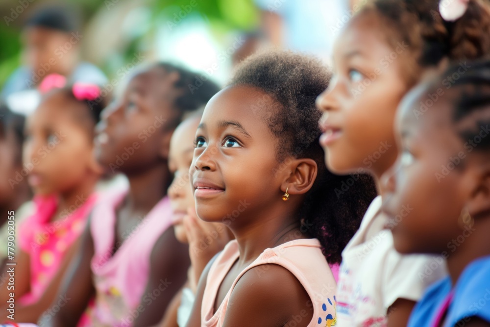 Juneteenth.Happy toddlers sharing a smile, looking up in a row during a ... Juneteenth.Happy toddlers sharing a smile, looking up in a row during a ...