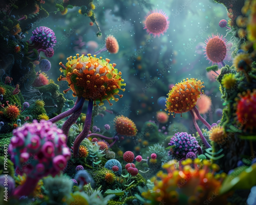 Vibrant depiction of colorful virus particles - Beautiful yet deadly, vibrant virus particles ...