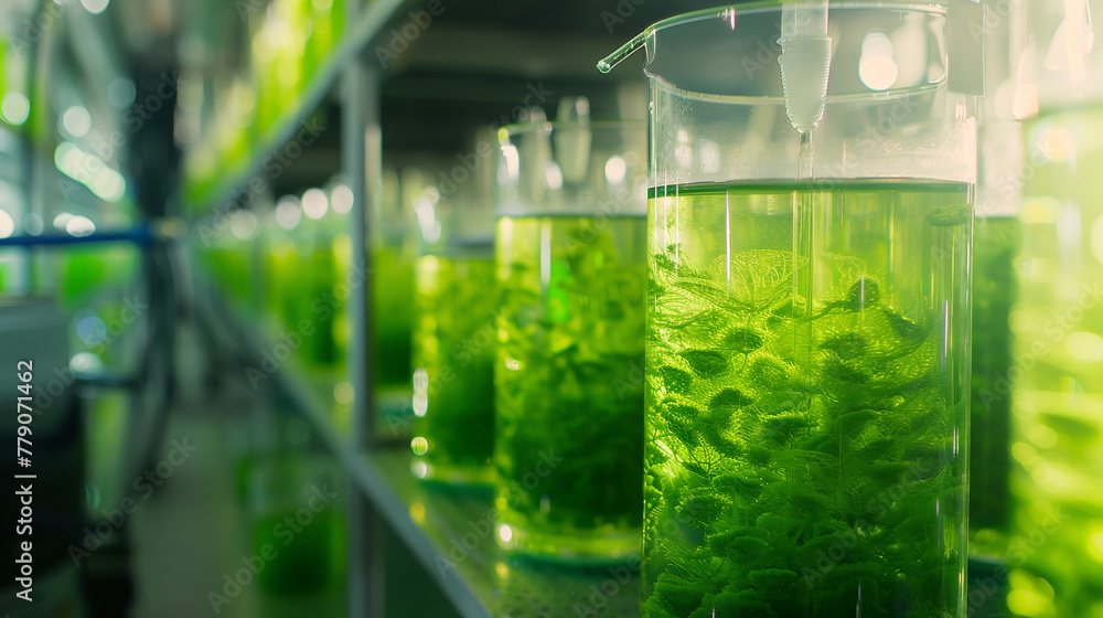 Closeup of algae biofuel cultivation in a laboratory, green sustainable ...
