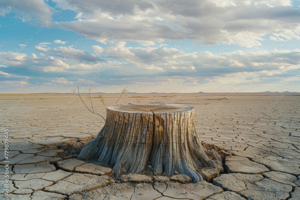 Stump from felled tree in drought concept. Record summer heat. Backdrop ...