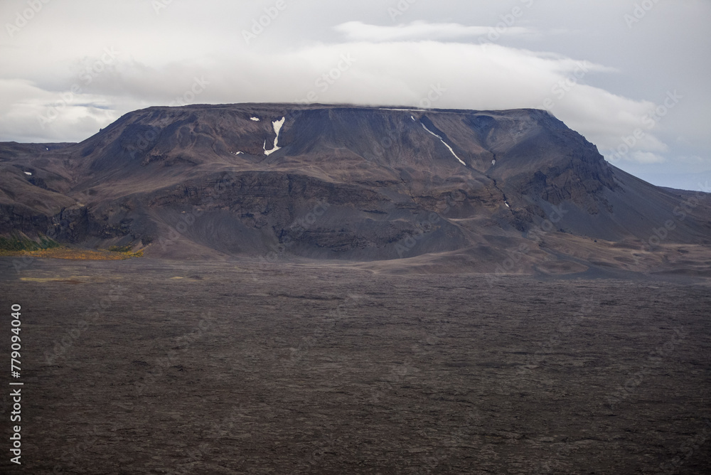 Aerial view of Bláfjall tuya volcano and the bleak, rugged landscape ...