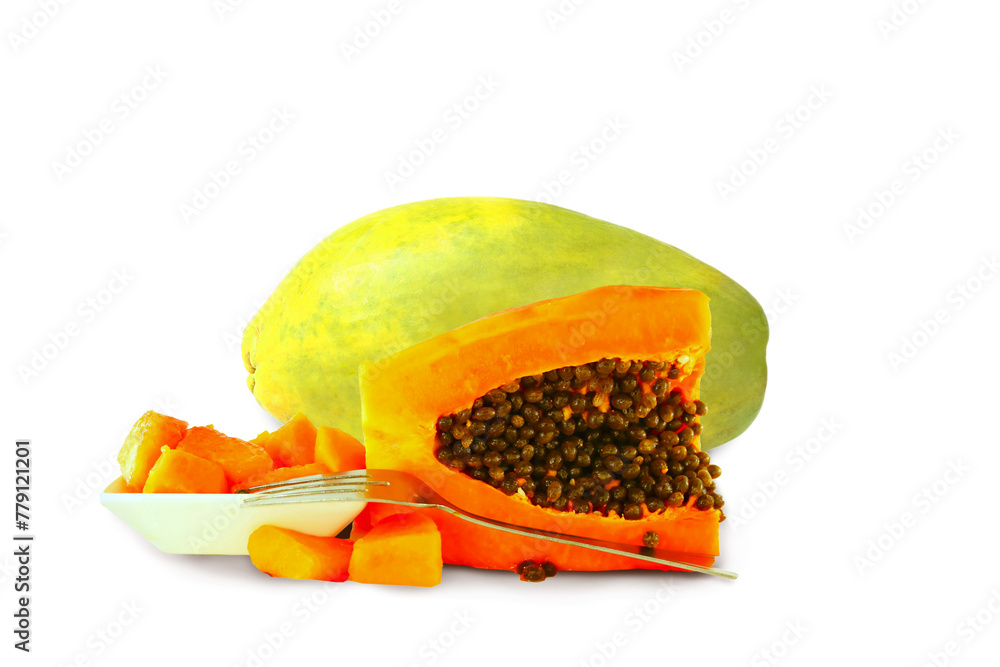whole and cut papaya in india known as papita with seeds,cutout on ...
