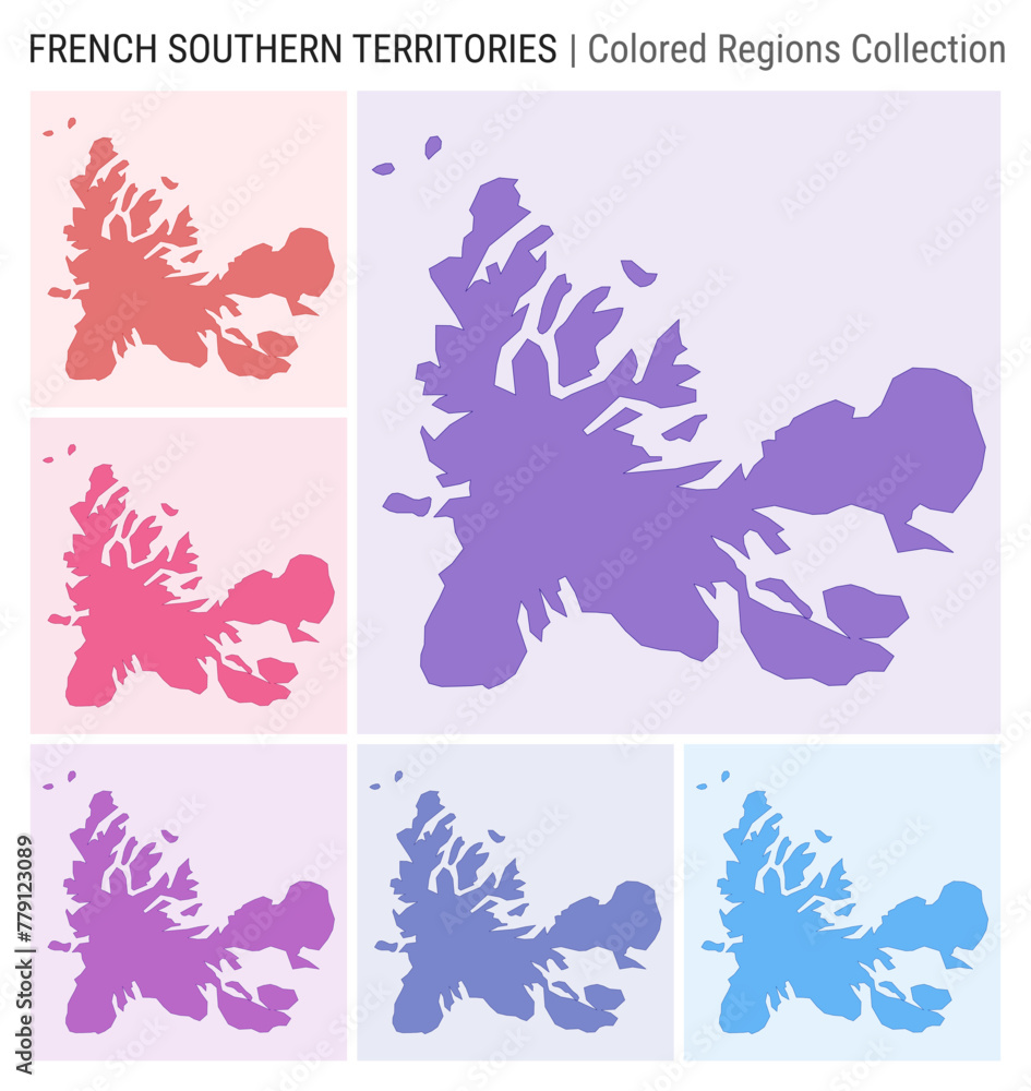 TAAF map collection. Country shape with colored regions. Deep Purple ...