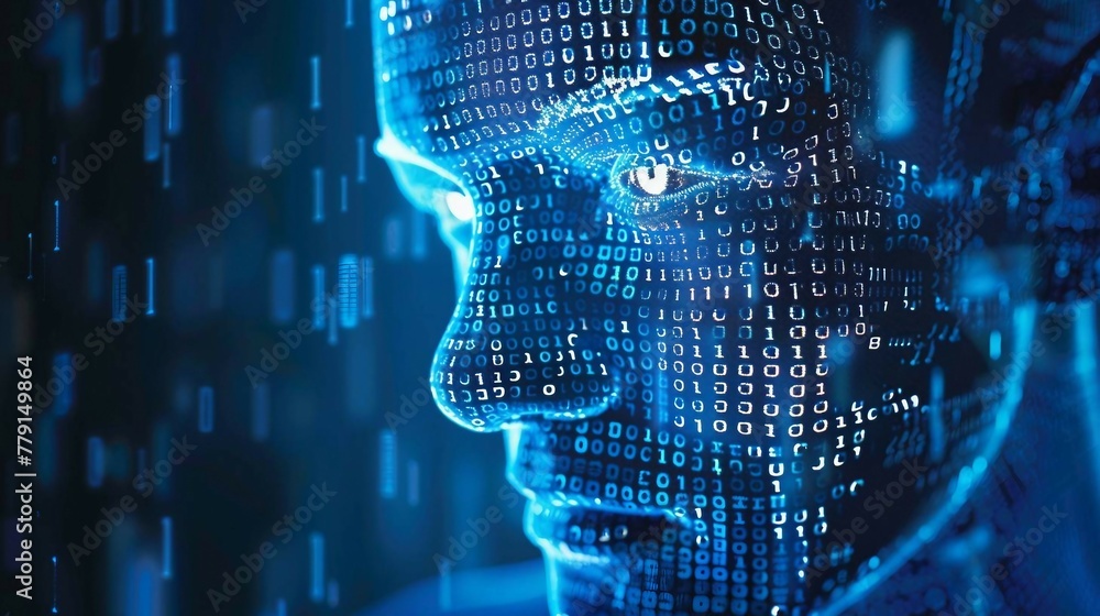 blue digital face with data streams, the integration of artificial ...