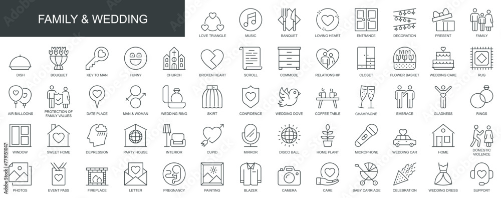 Family and wedding web icons set in thin line design. Pack of ...