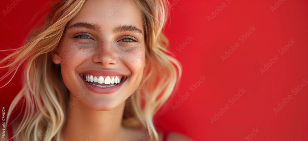 Smiling cute girl with beautiful teeth. concept poster background. Snow ...