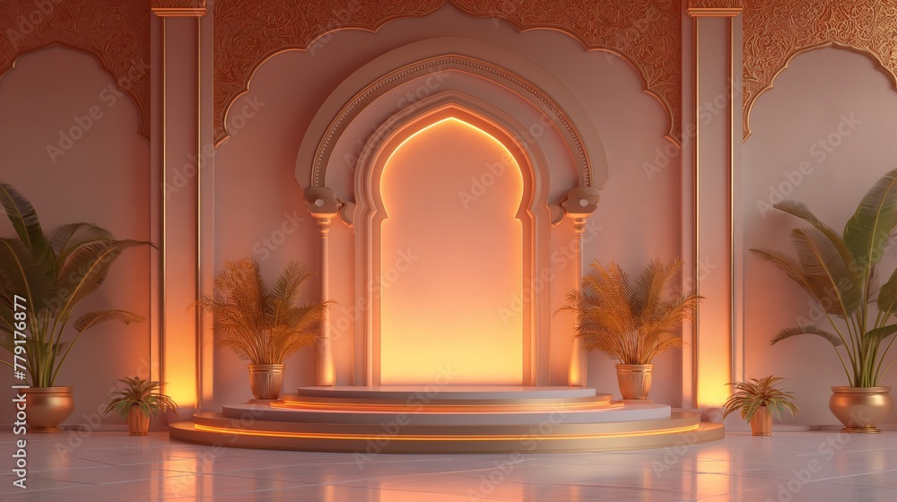 Arabic podium stage with golden dome and arches. Stock Photo | Adobe Stock