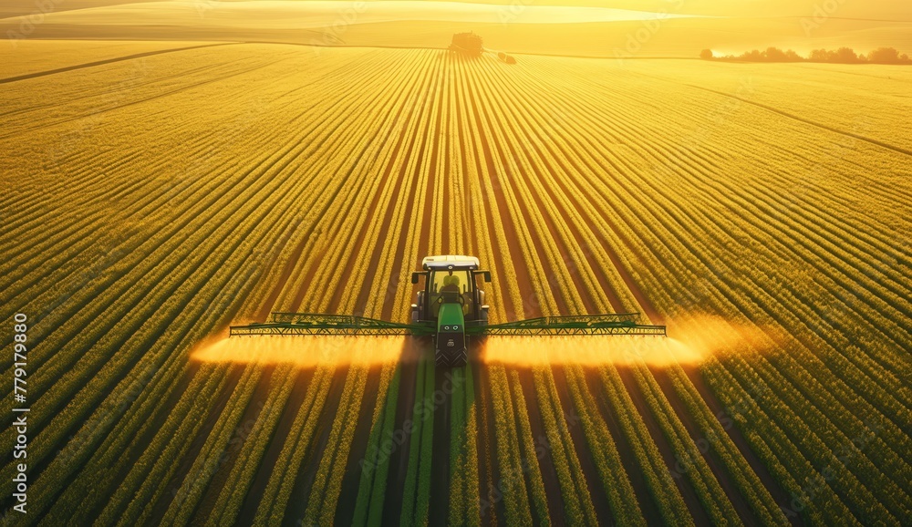 A tractor spraying protective dipped in an open field at sunset, aerial ...