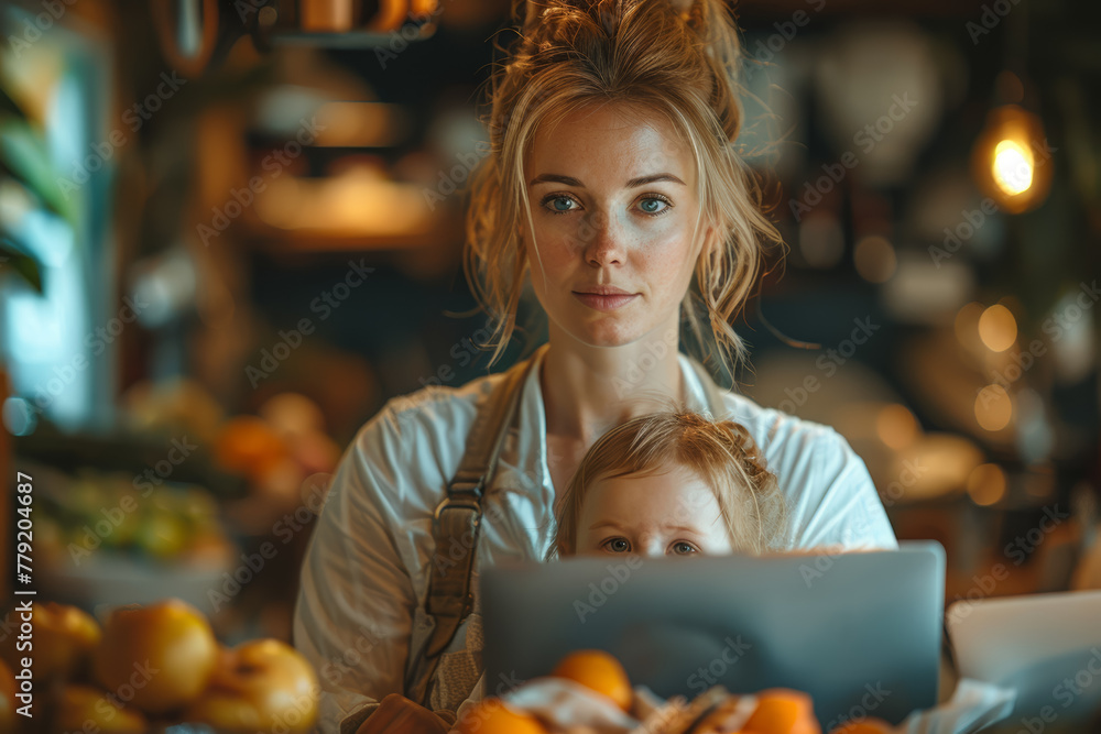 A mother multitasking with ease, balancing work, household chores, and ...