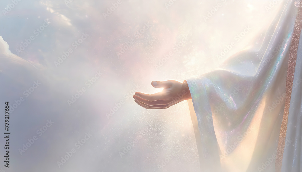 Gentle hand of a divine figure of God reaches out from heavenly clouds ...