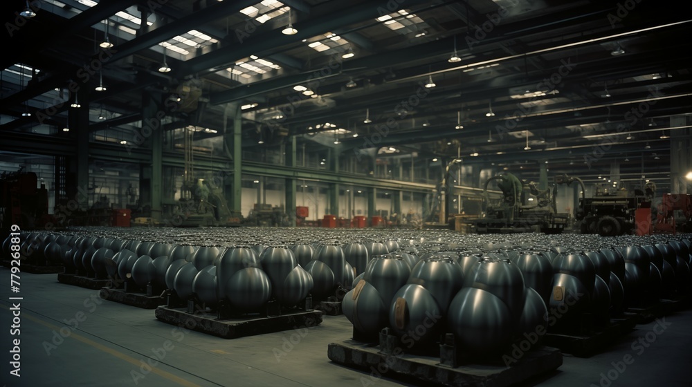 Photograph of modern high tech factory producing many artillery shells ...