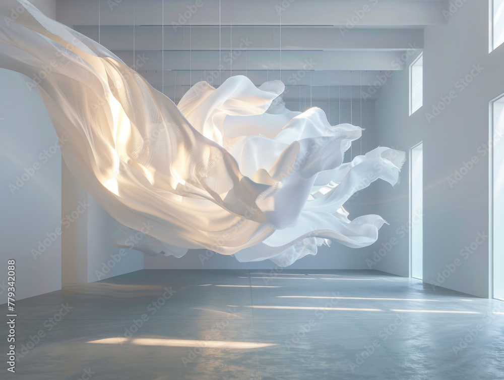 Abstract art installation with floating fabrics and light projections ...
