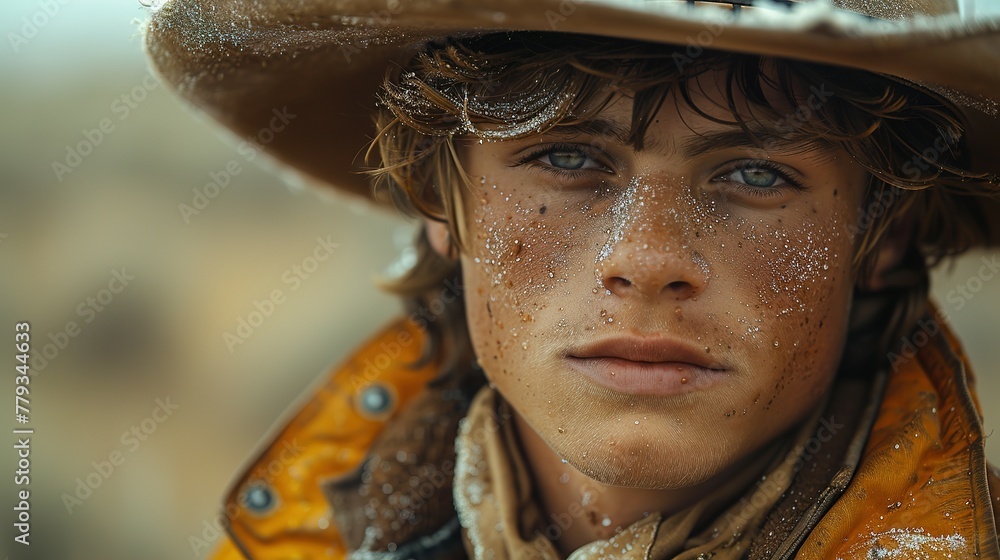 Cowboy adolescente posando en el campo, modelo joven con ropa que ...