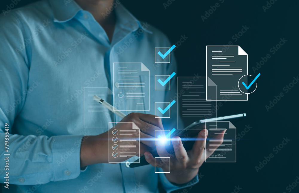 Check list concept. Businessman tick off questionnaire, survey, test ...