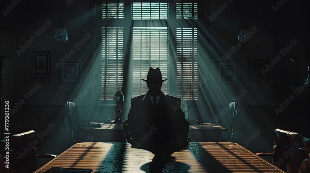 Enigmatic Figure in Shadowy Office Interior with Vintage Aesthetic and ...