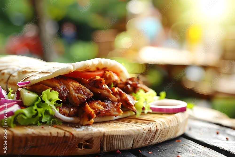 Traditional Middle Eastern snack of fresh grilled pork shawarma with ...