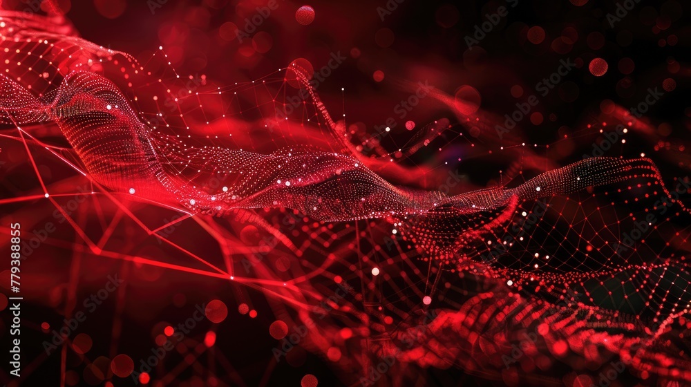 Abstract red tech background with digital waves, Dynamic network system, Artificial neural ...
