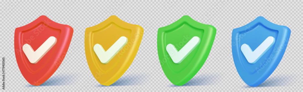 3d shield icon with safety check badge vector. Secure tick mark for quality guard guarantee ...