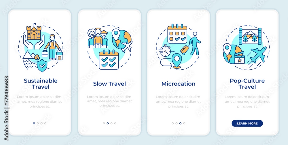 Travel trends onboarding mobile app screen. Tourism walkthrough 4 steps ...