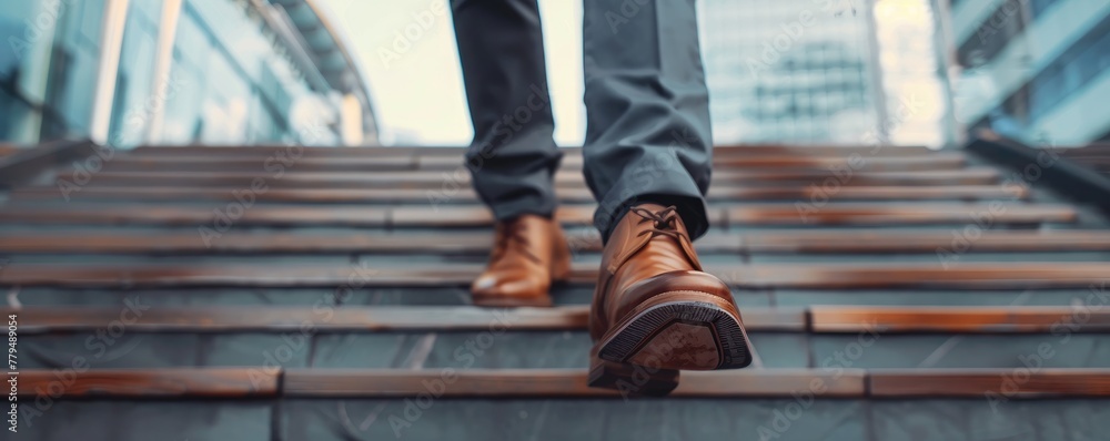 Person stepping upwards on staircase in a contemporary building ...