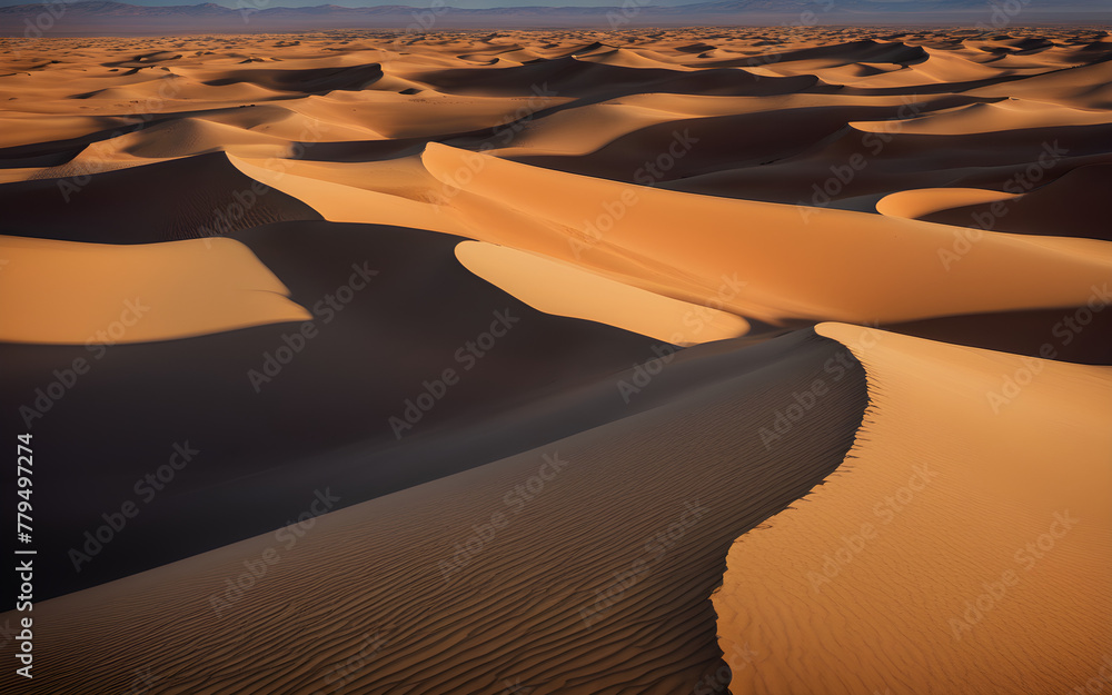 Sunset in the desert, dramatic shadows on sand dunes, warm orange glow ...