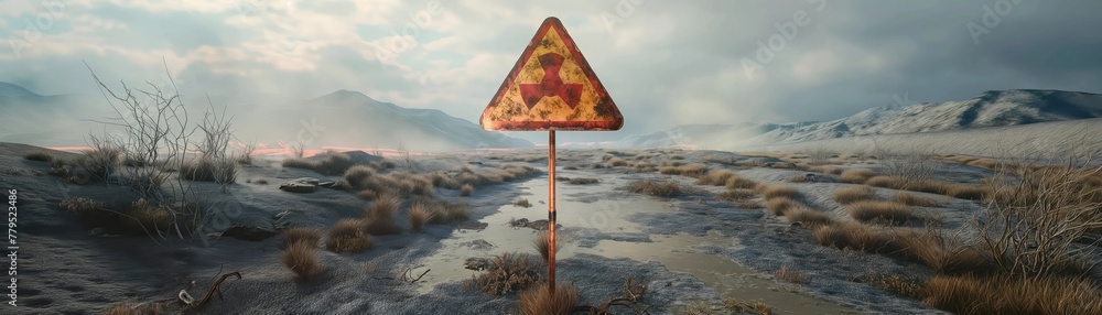 Wide angle of a radioactive hazard sign, health risk awareness, amid ...