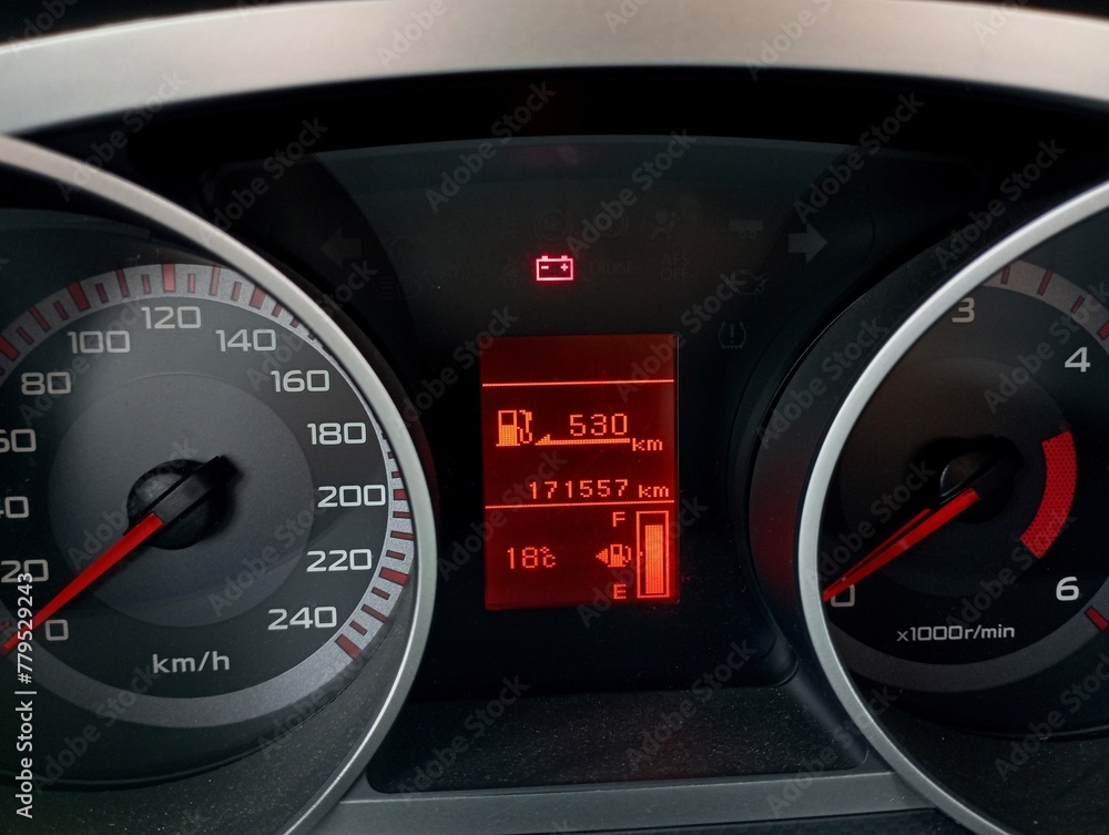 Car control panel with speedometer and tachometer. Lighting and ...