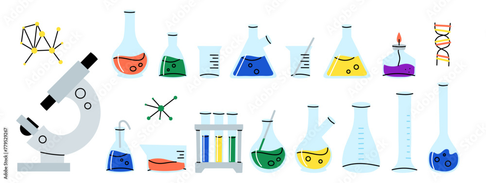 Laboratory glassware. Chemical reagents in glass bottles and rest tubes ...