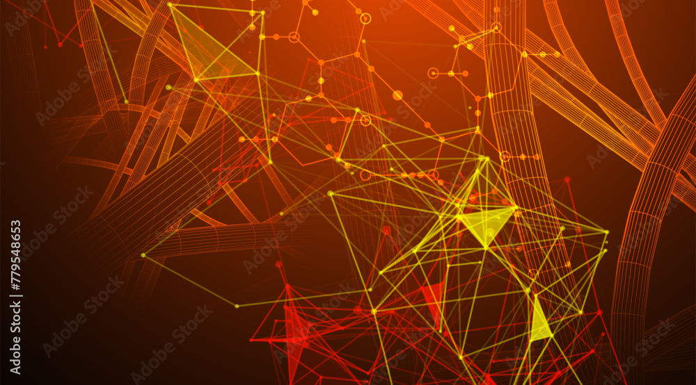 Sci-fi background. Wireframe dynamic pipes with the use of colored ...